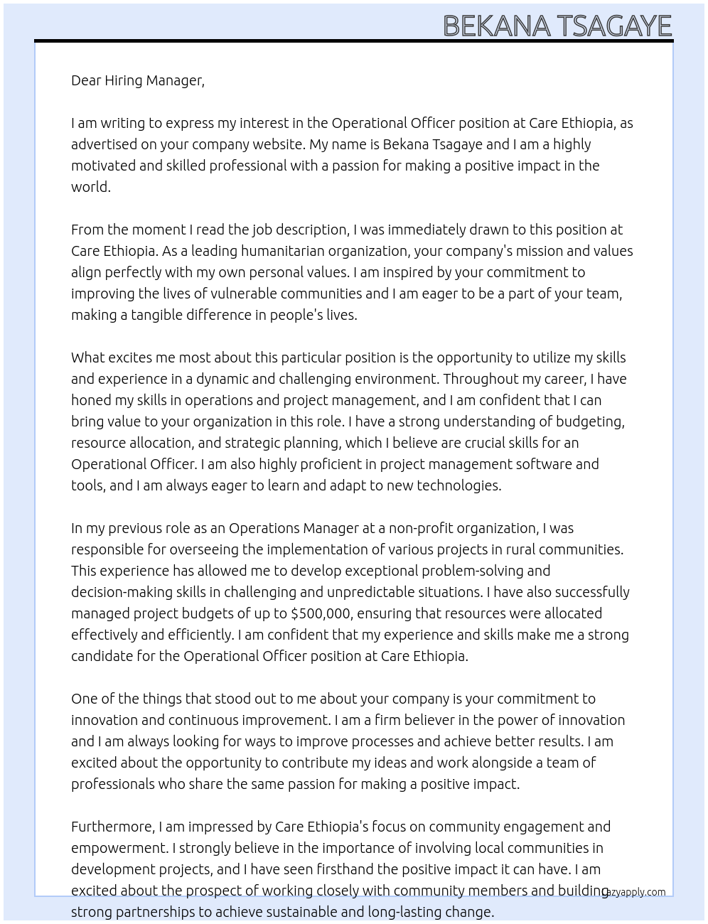 Cover letter for operational officer - LazyApply