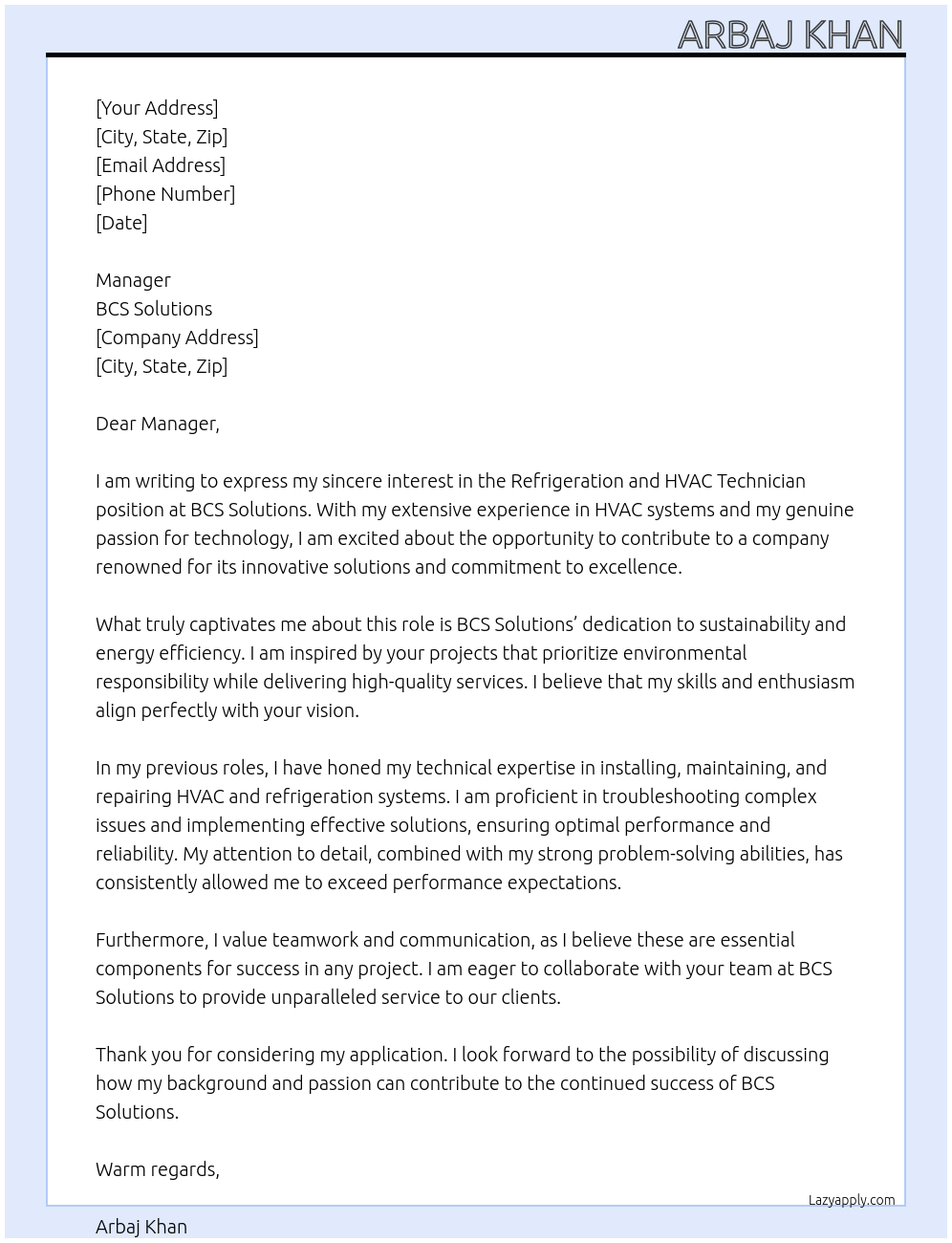 Cover letter for refrigeration and hvac technician - LazyApply