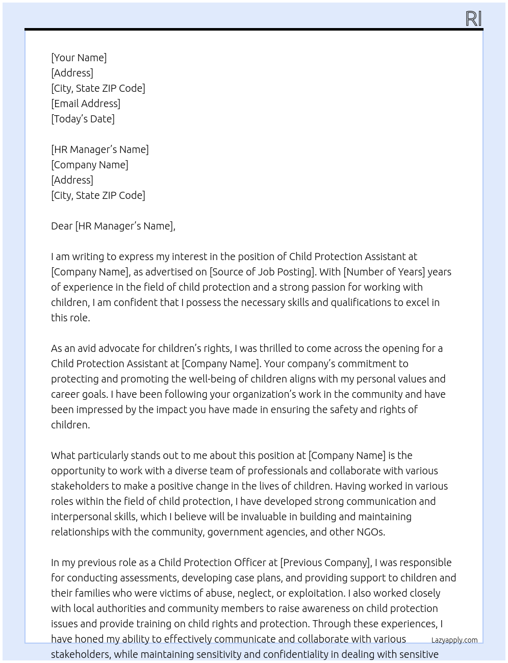 Cover letter for child protection assistant - LazyApply