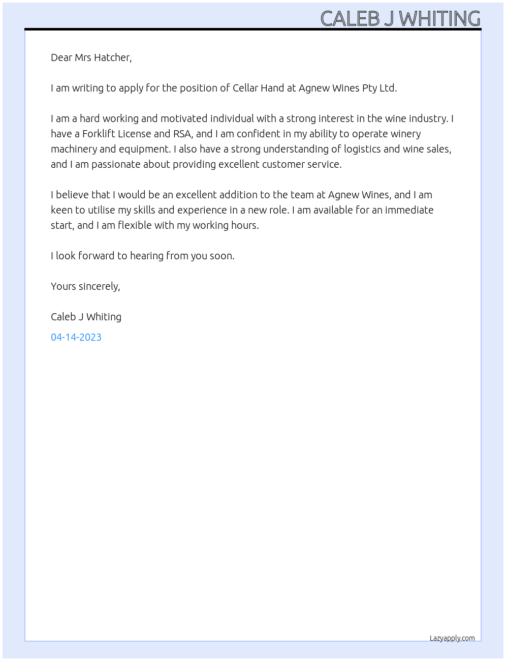 Cover letter for cellar hand - LazyApply