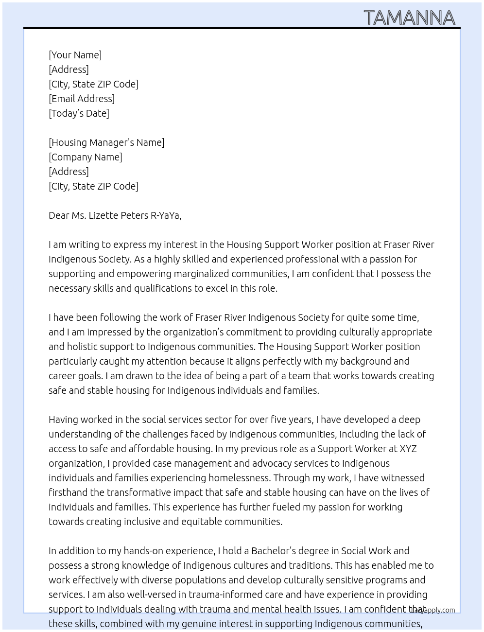 Cover letter for housing support worker - LazyApply
