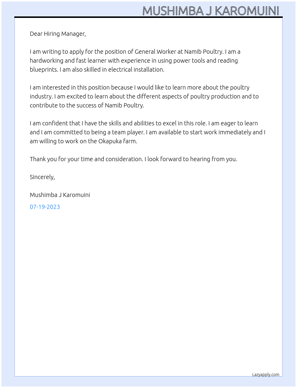 Cover letter for general worker - LazyApply