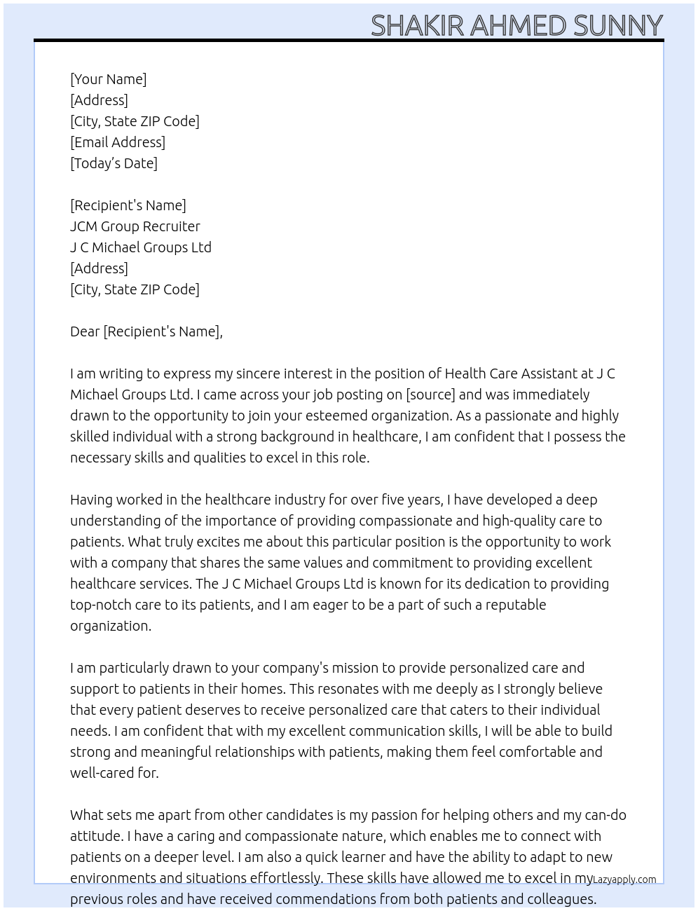 Cover letter for health care assistant - LazyApply