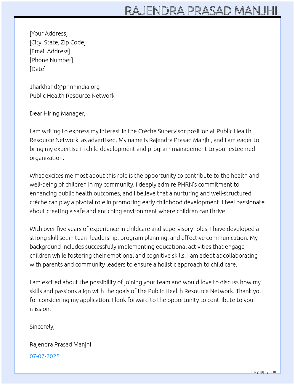 Cover letter for crèche supervisor - LazyApply