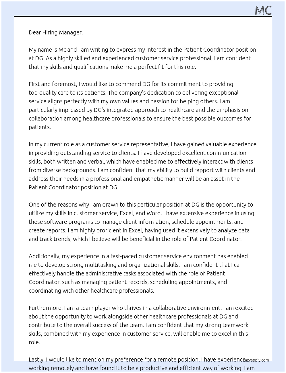 Cover letter for patient coordinator - LazyApply