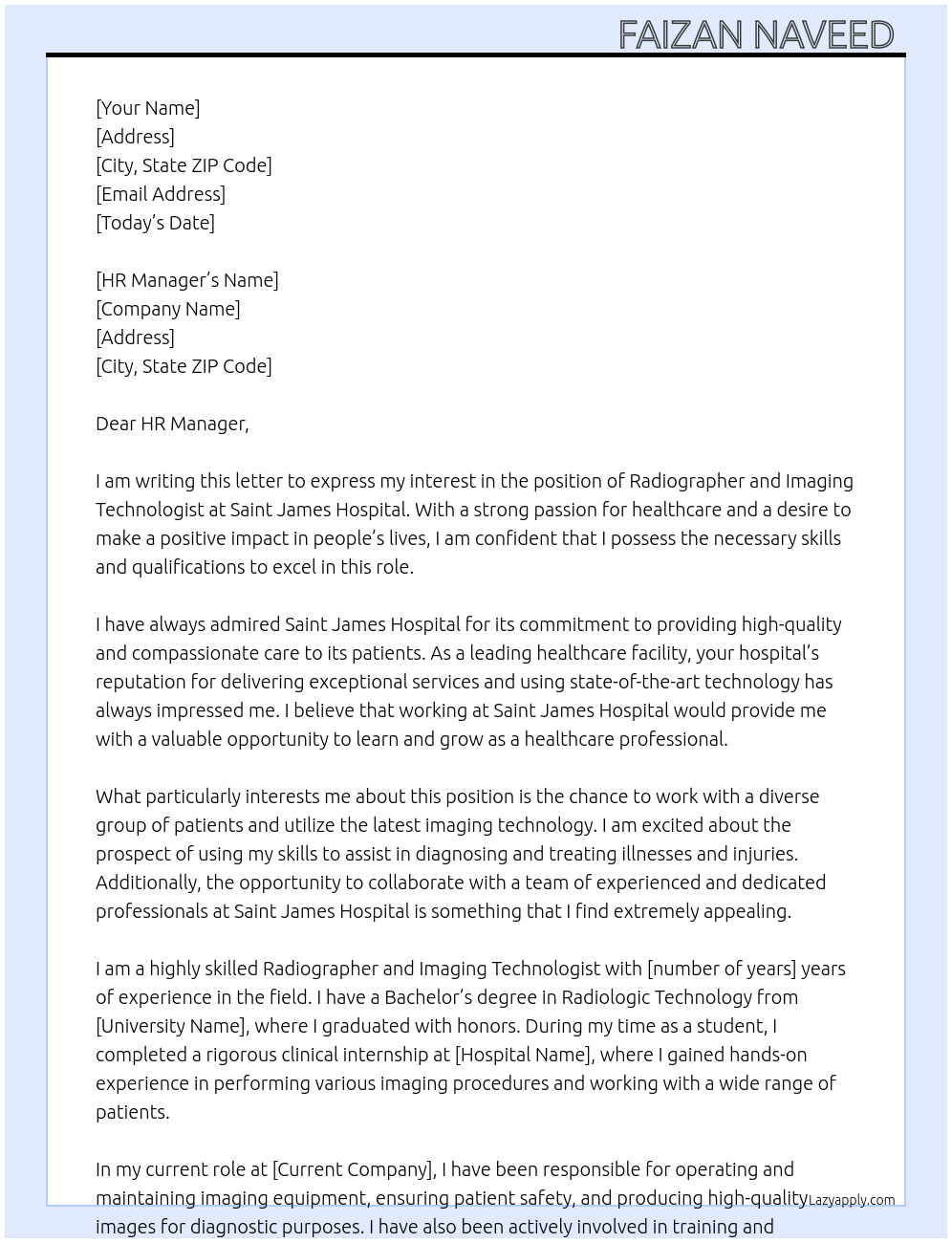 Cover letter for radiographer and imaging technologist - LazyApply