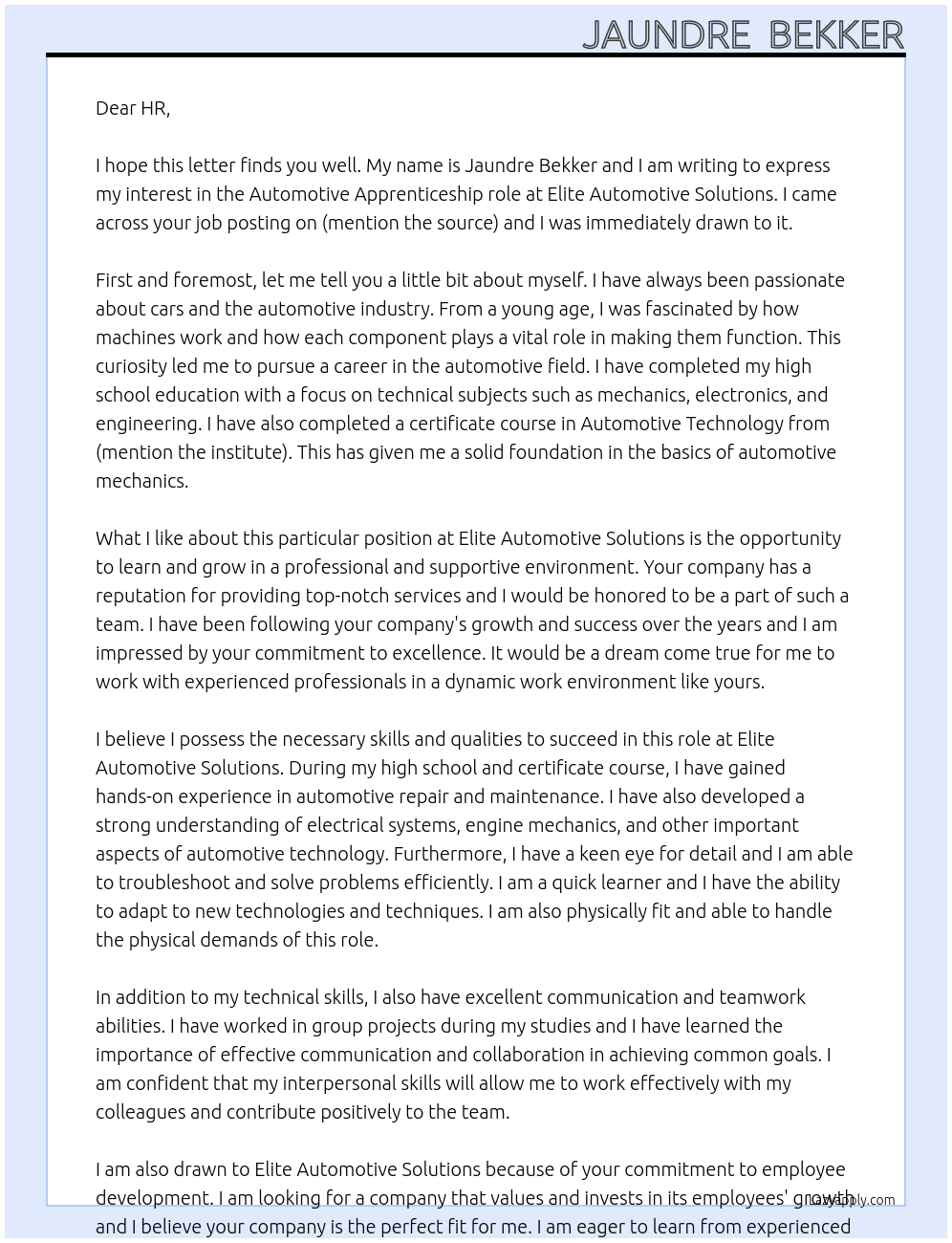 Cover letter for automotive apprenticeship - LazyApply