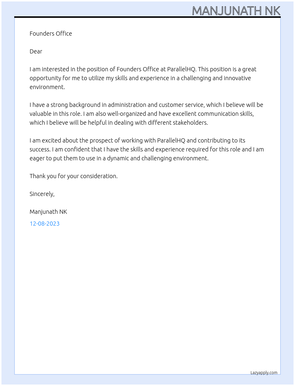 Cover letter for founder's office - LazyApply