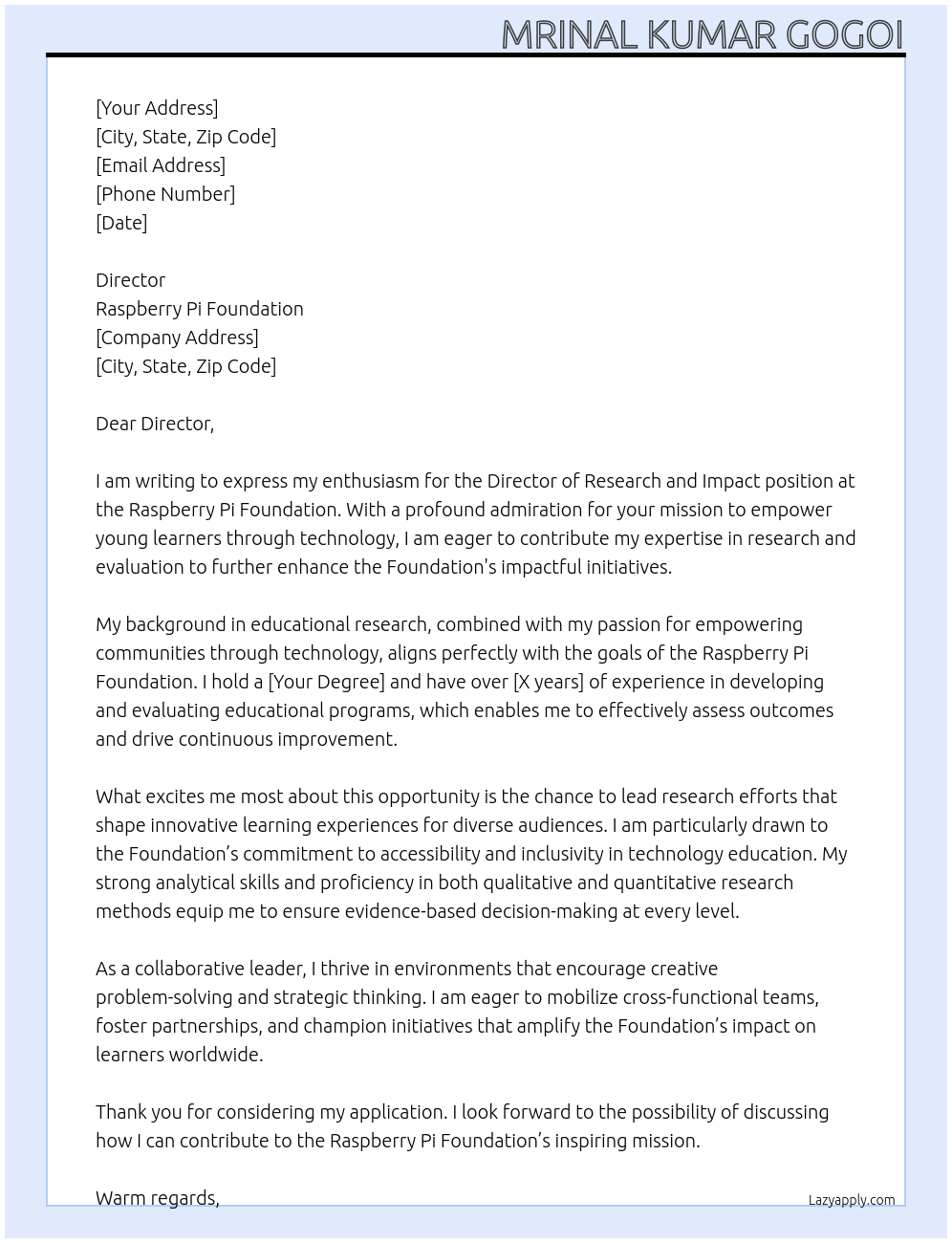 Cover letter for director of research and impact - LazyApply
