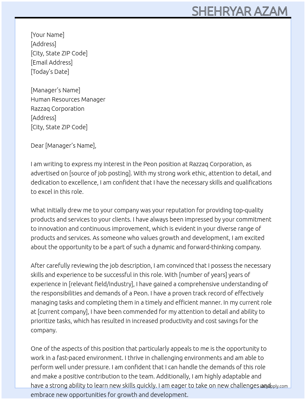 Cover letter for peon - LazyApply