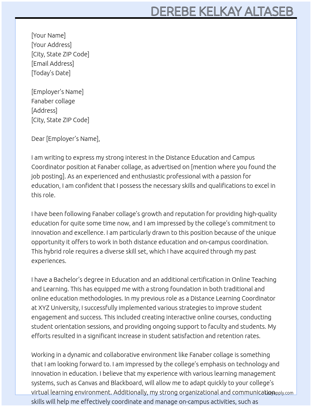 Cover letter for distance education and campus coordinator - LazyApply
