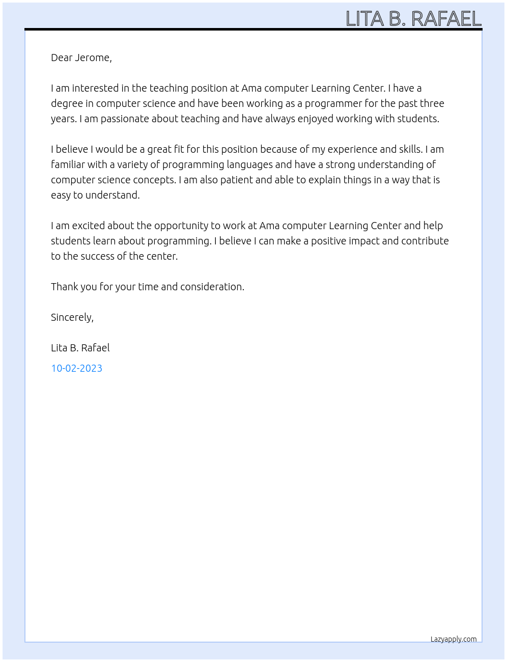 Cover letter for teaching position - LazyApply