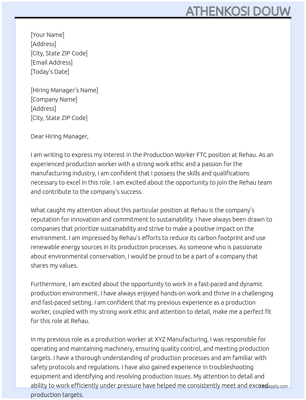 Cover letter for production worker ftc - LazyApply