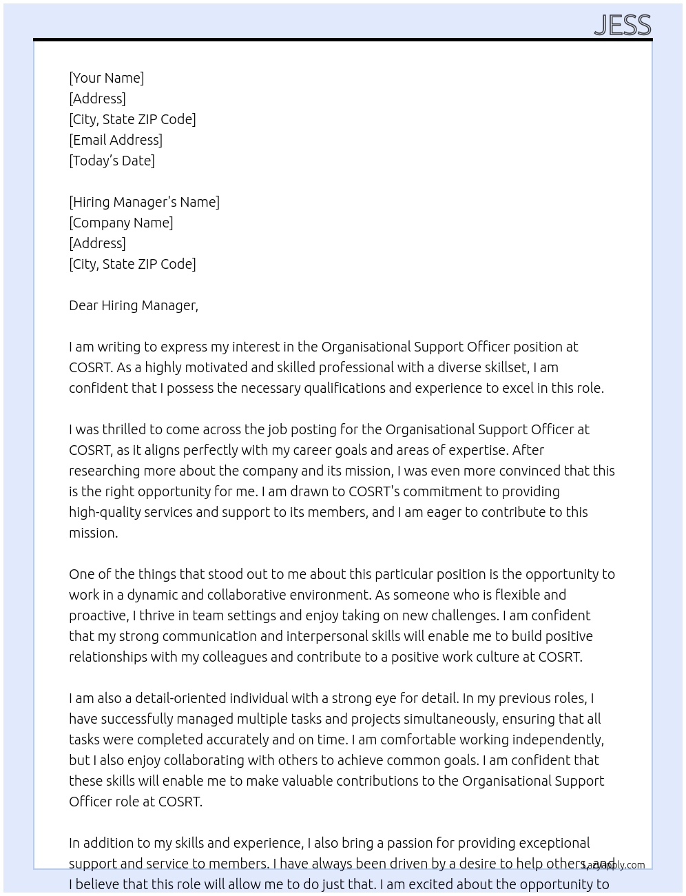 Cover letter for organisational support officer - LazyApply