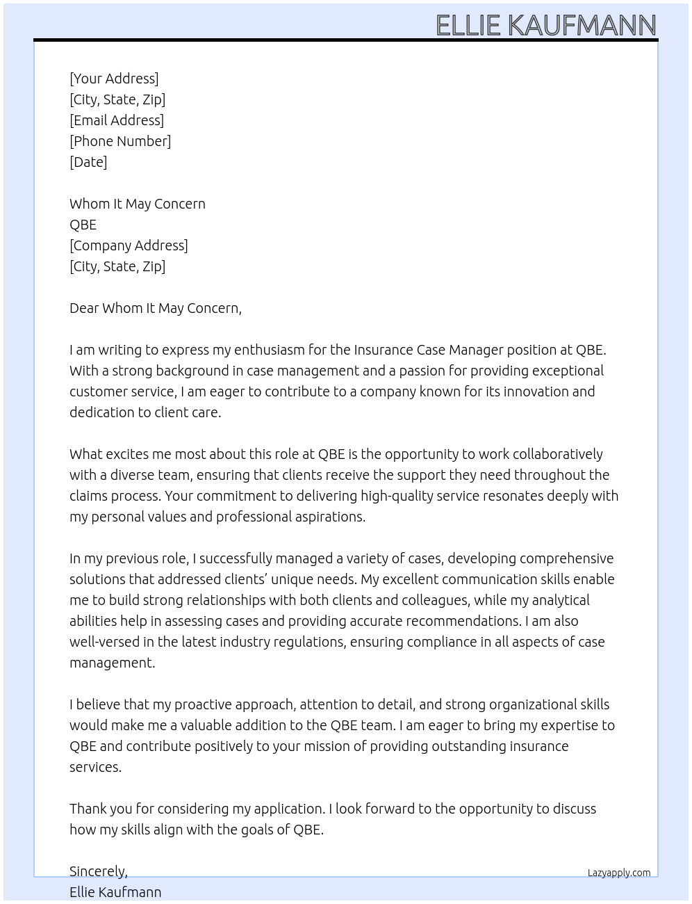 Cover letter for insurance case manager - LazyApply