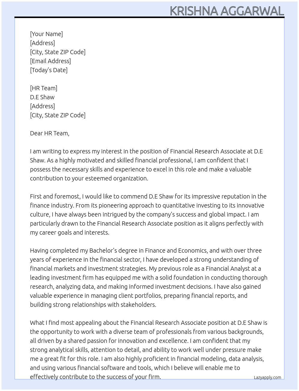 Cover letter for financial research associate - LazyApply