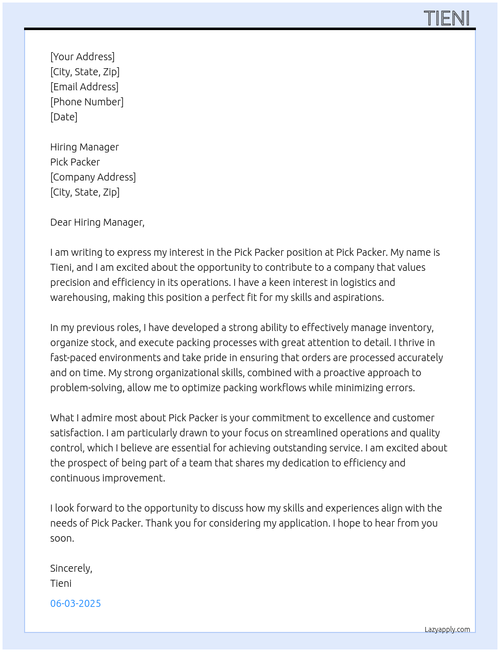 Cover letter for pick packer - LazyApply