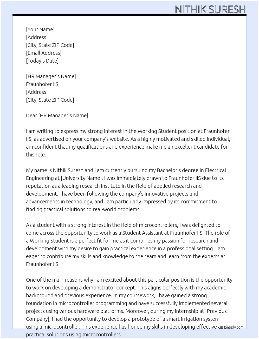 Cover letter for working student - LazyApply