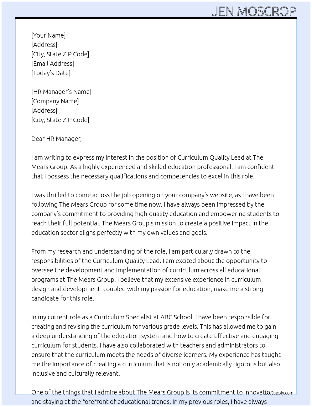 Cover letter for curriculum quality lead - LazyApply