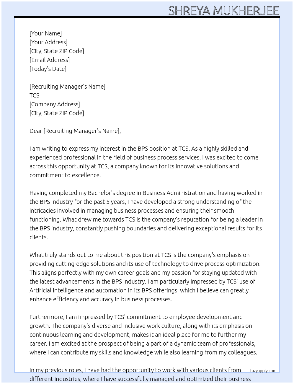 Cover letter for tcs - LazyApply