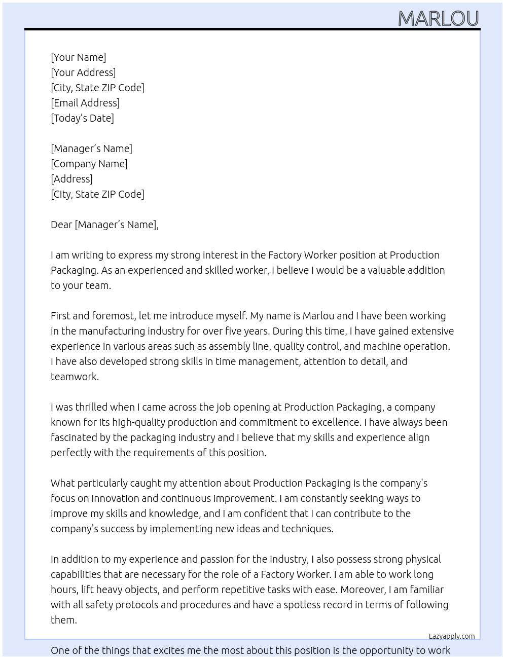 Cover letter for factory worker - LazyApply