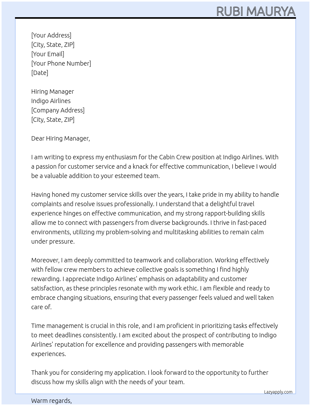 Cover letter for cabin crew - LazyApply