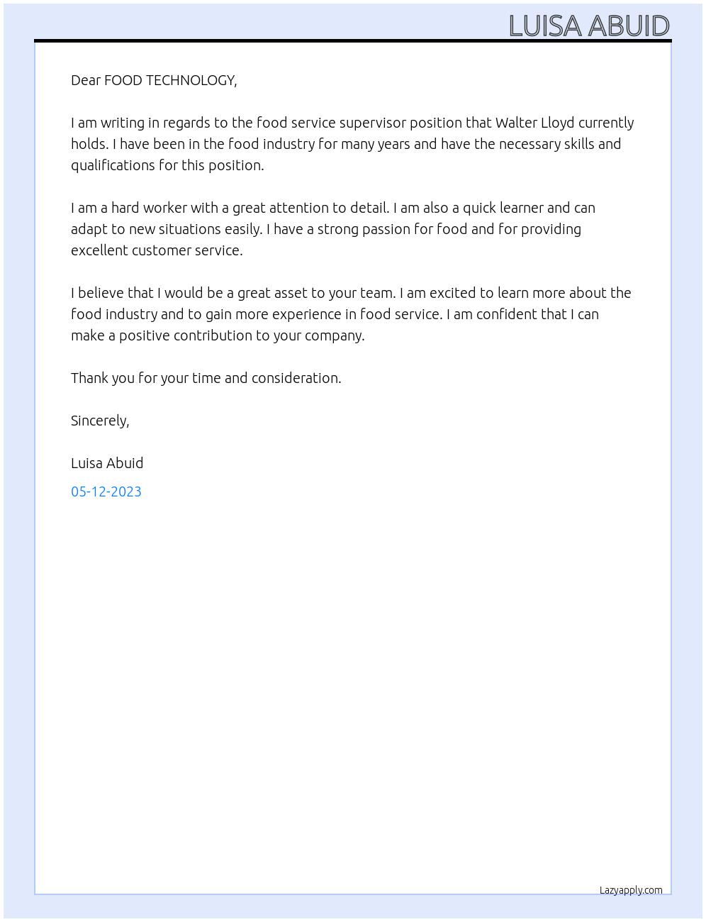 Cover letter for food service supervisor - LazyApply