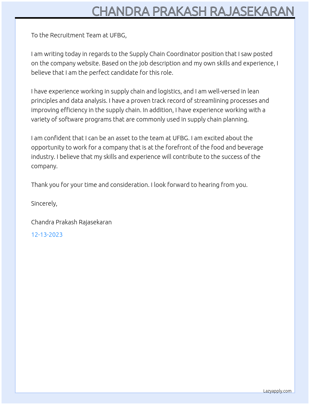 Cover letter for supply chain coordinator - LazyApply