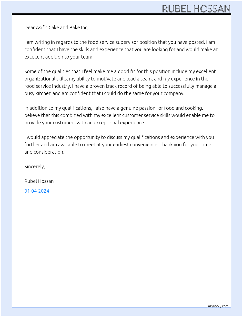 Cover letter for food service supervisor - LazyApply