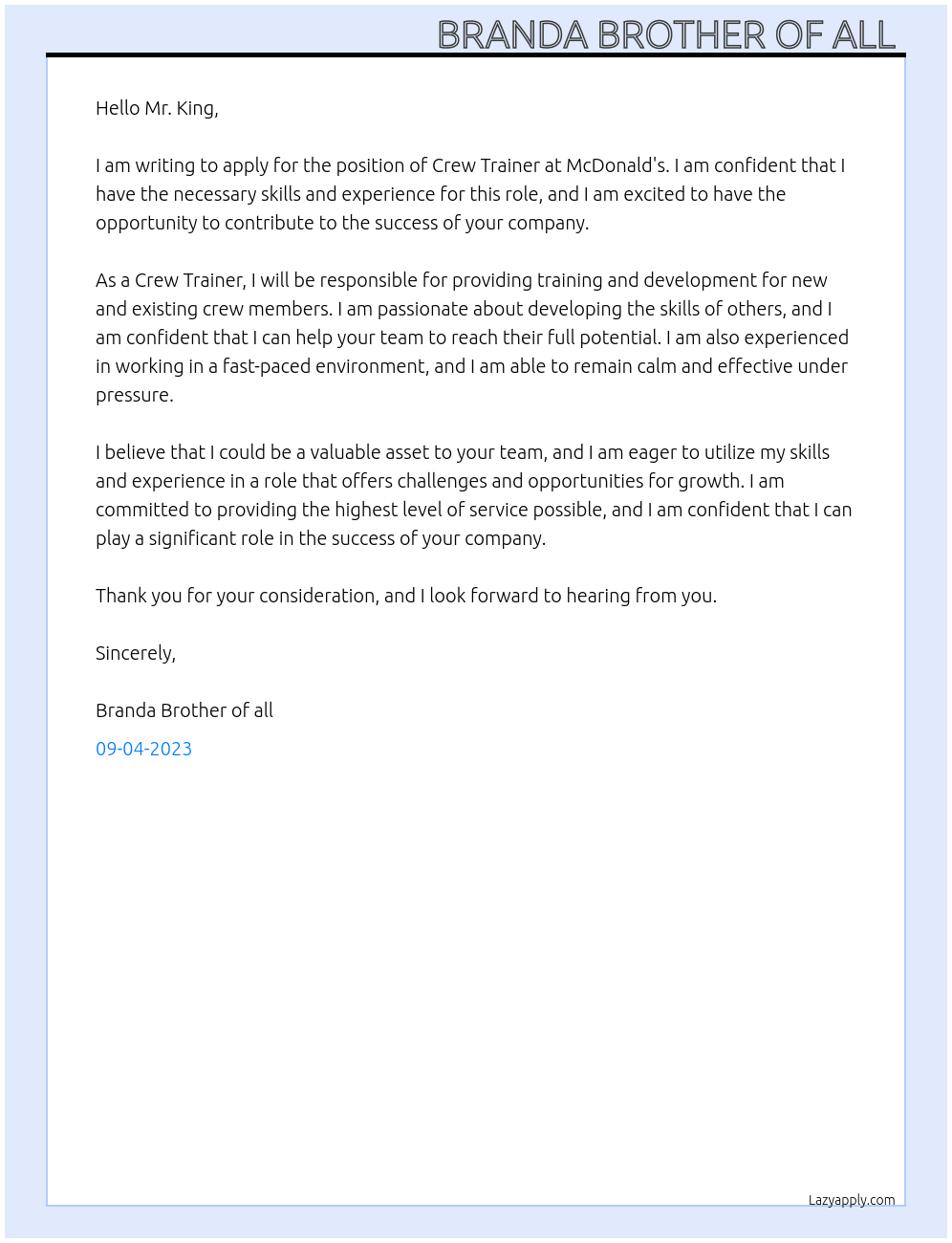Cover letter for crew trainer - LazyApply