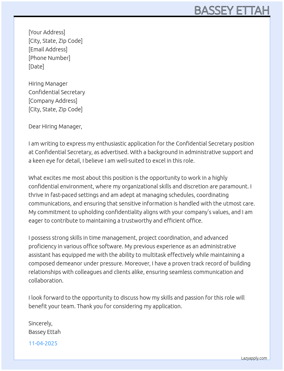 Cover letter for confidential secretary - LazyApply