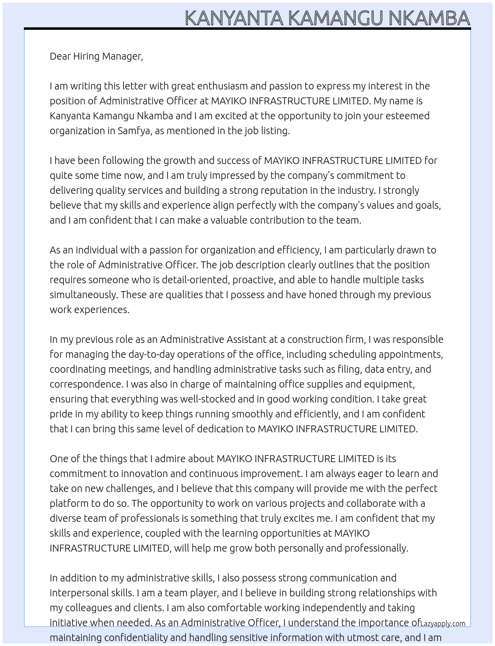 Cover letter for administrative officer - LazyApply
