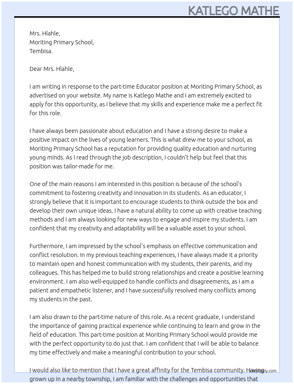 Cover letter for educator - LazyApply
