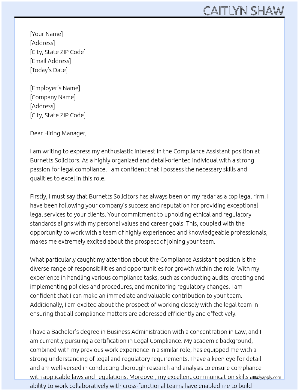 Cover letter for compliance assistant - LazyApply