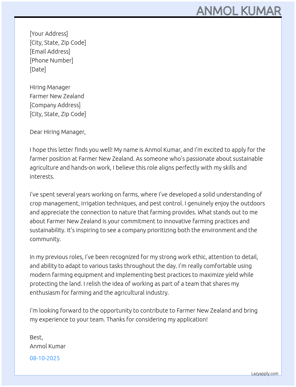 Cover letter for farmer work - LazyApply