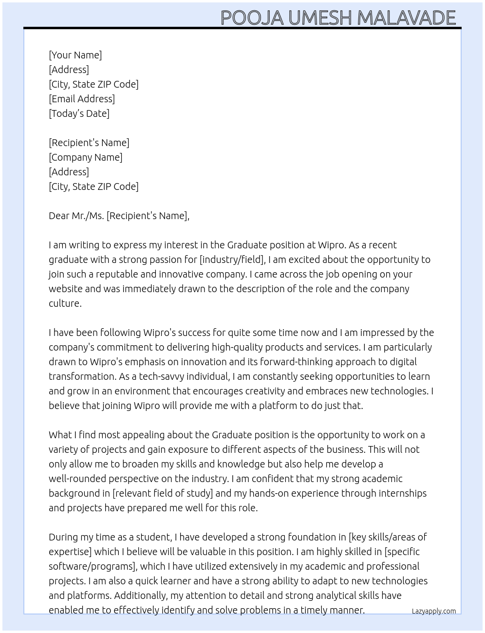 Cover letter for graduate - LazyApply