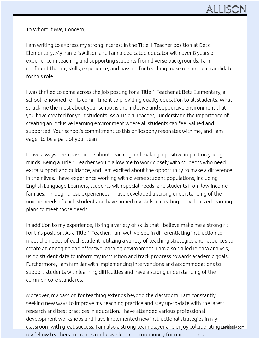 Cover letter for title 1 teacher - LazyApply