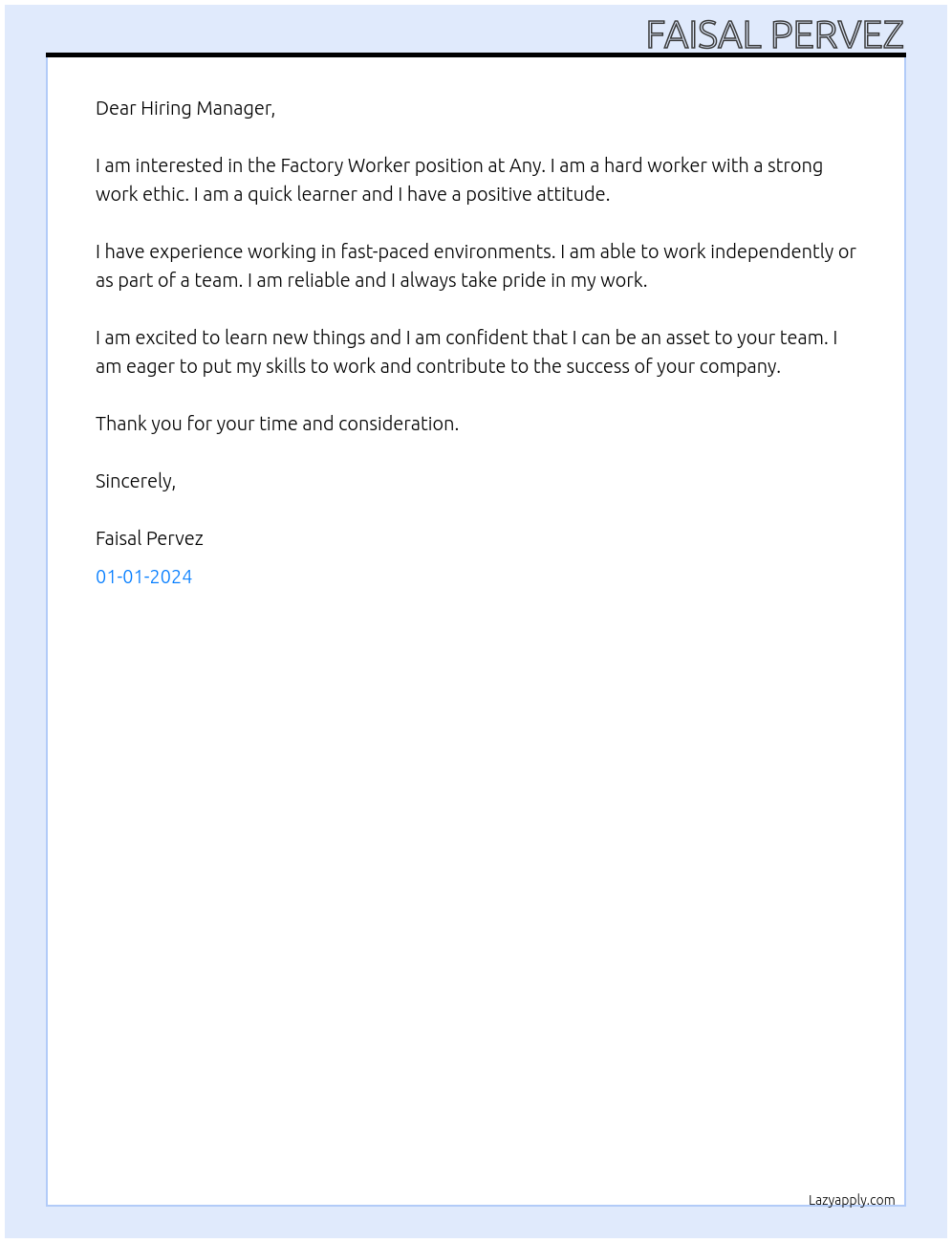 Cover letter for factory worker - LazyApply