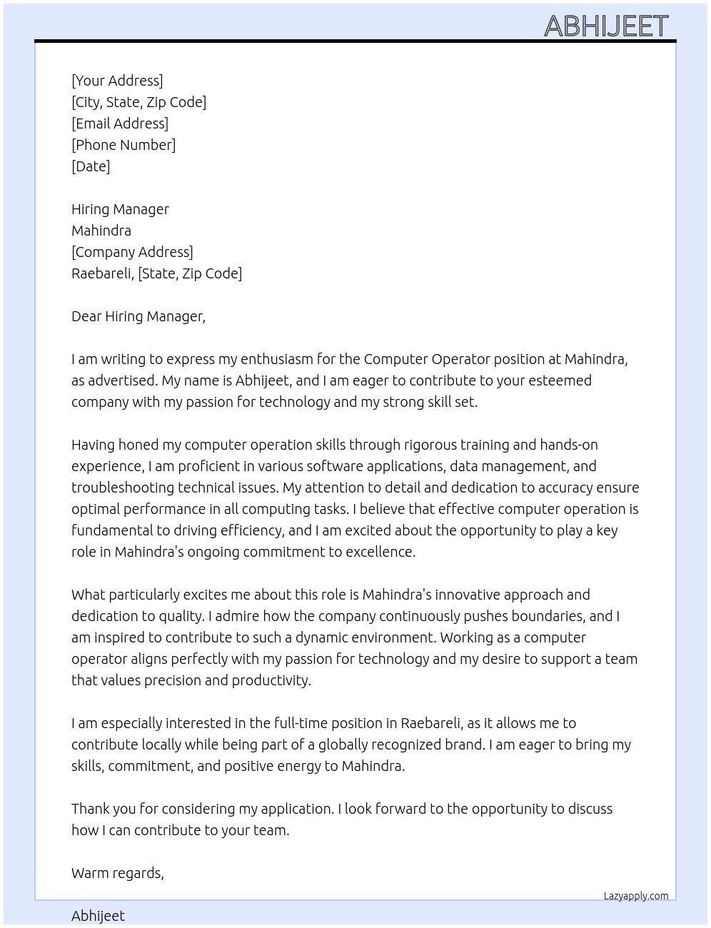 Cover letter for computer operator job and my qualification abilities ...