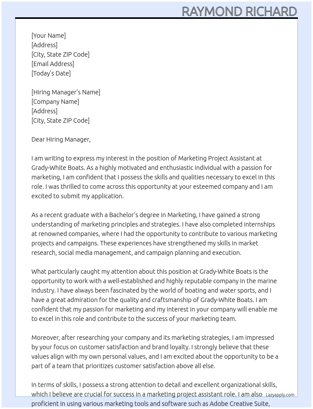 Cover letter for marketing project assistant - LazyApply