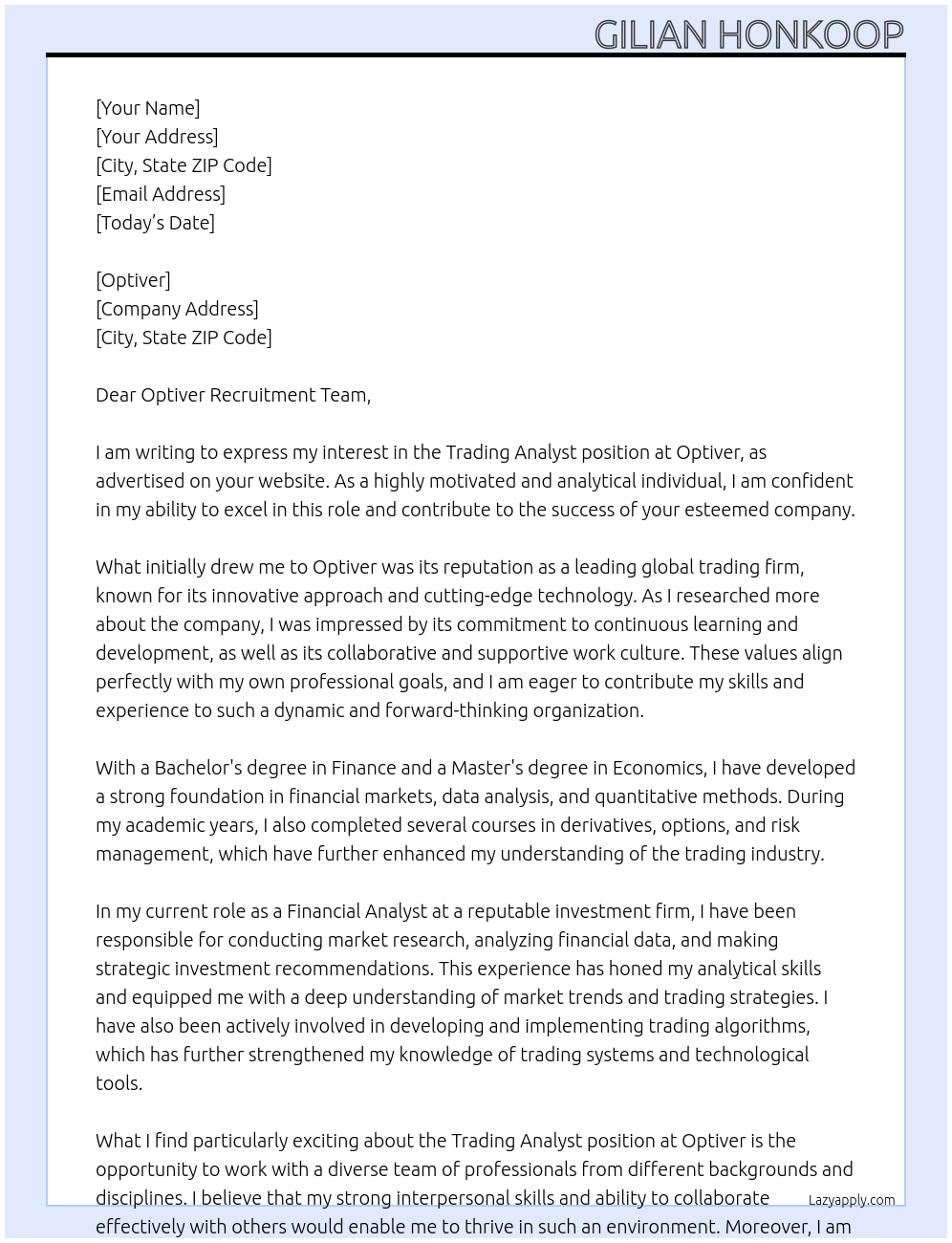 Cover letter for trading analyst - LazyApply