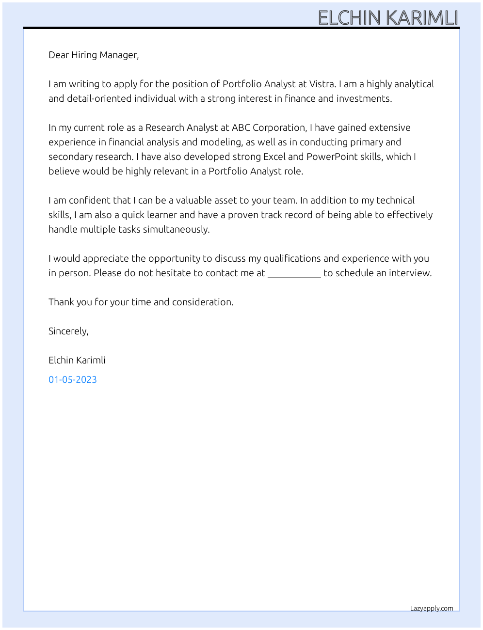 Cover Letter For Vistra LazyApply