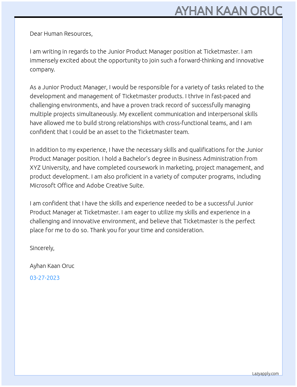 Cover letter for junior product manager - LazyApply