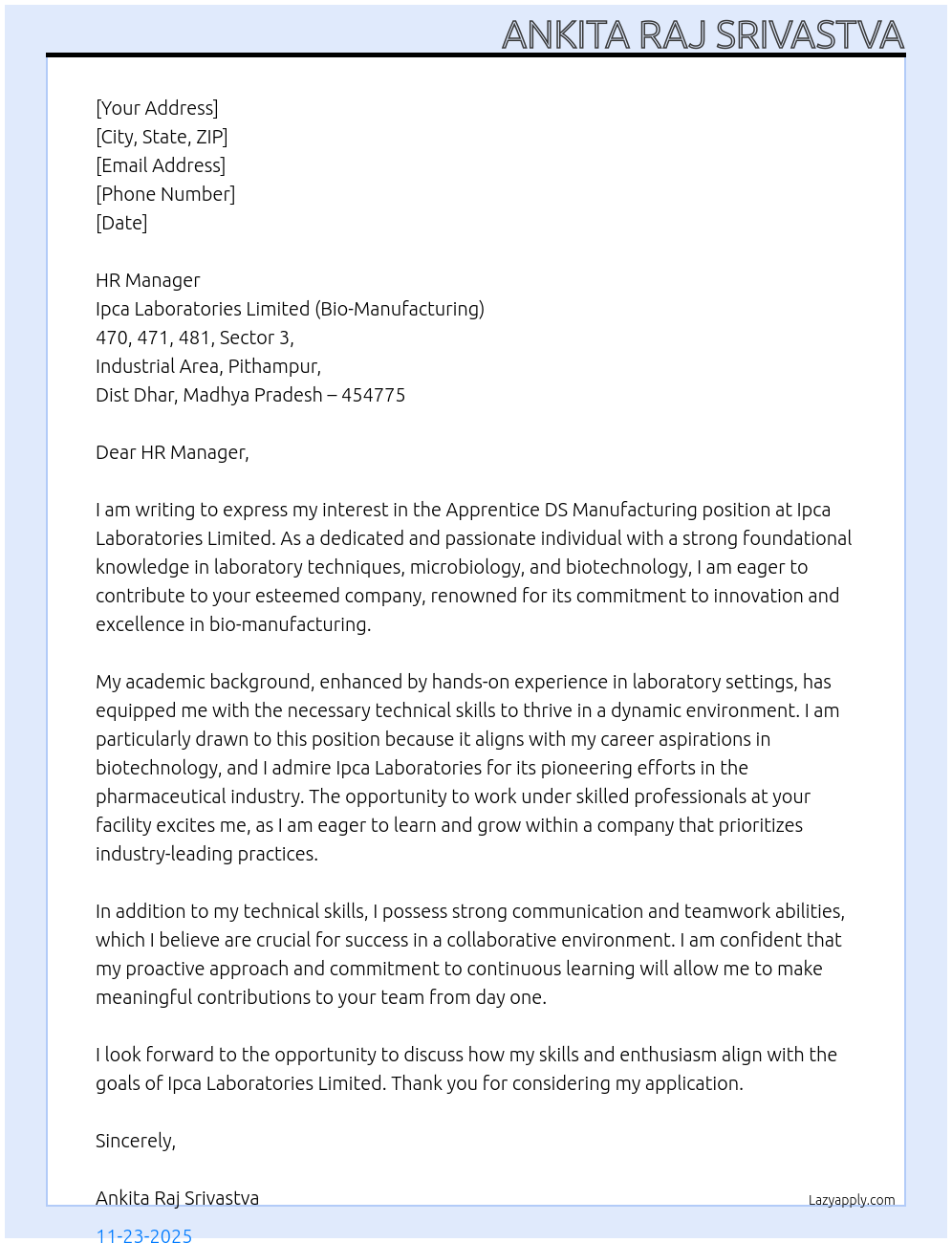 Cover letter for application for apprentice ds manufacturing - LazyApply