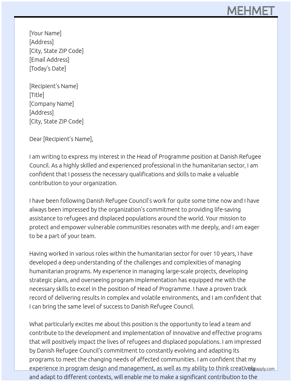 Cover letter for head of programme. - LazyApply