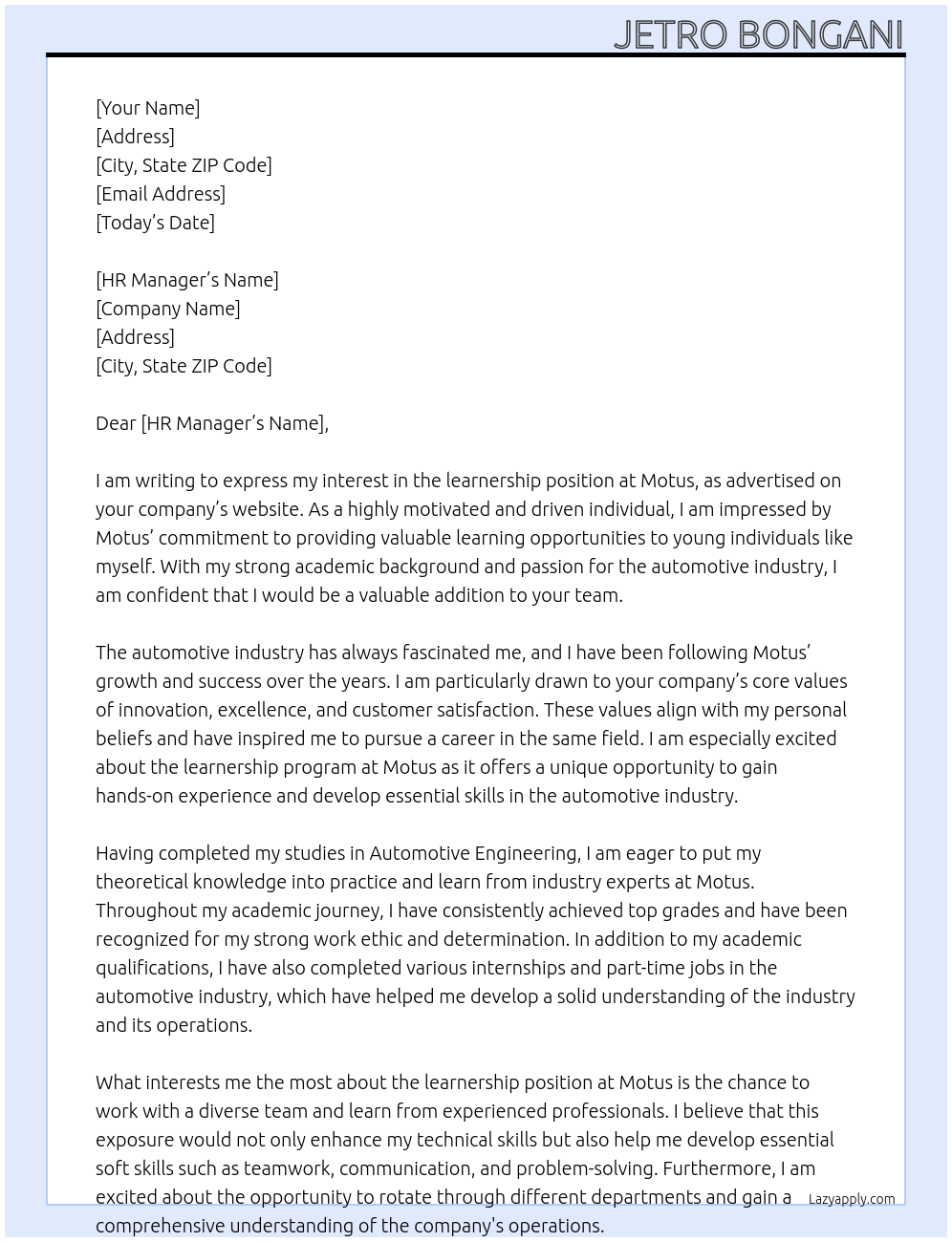 Cover letter for learnership - LazyApply