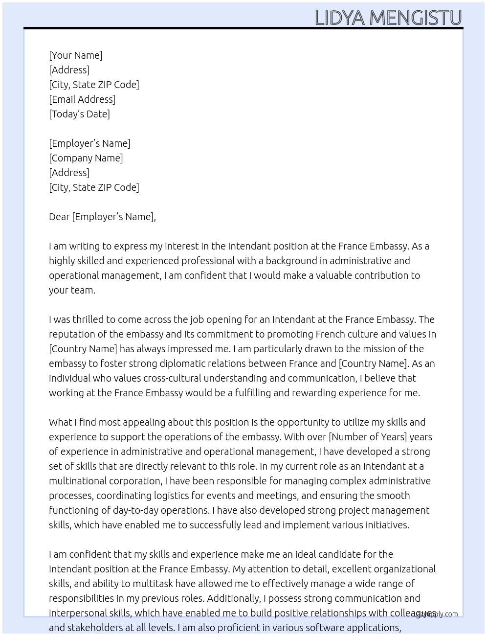 Cover letter for intendant - LazyApply