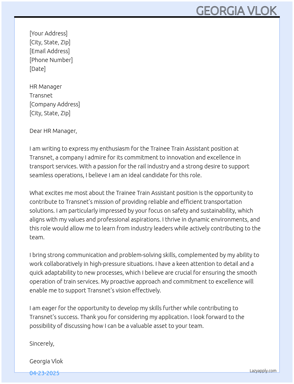 Cover letter for trainee train assistant - LazyApply
