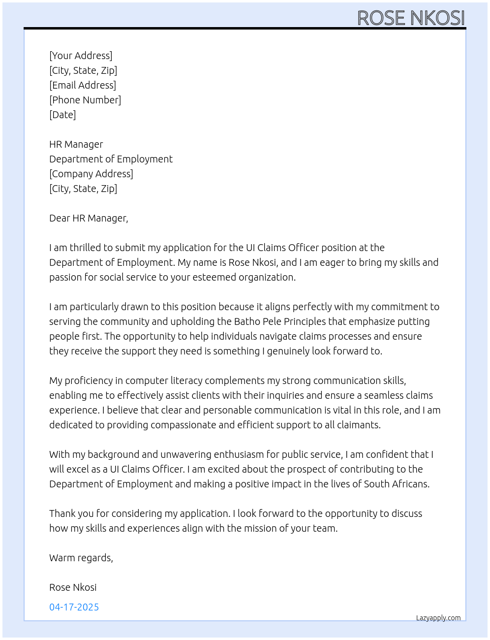 Cover letter for ui claims officer - LazyApply