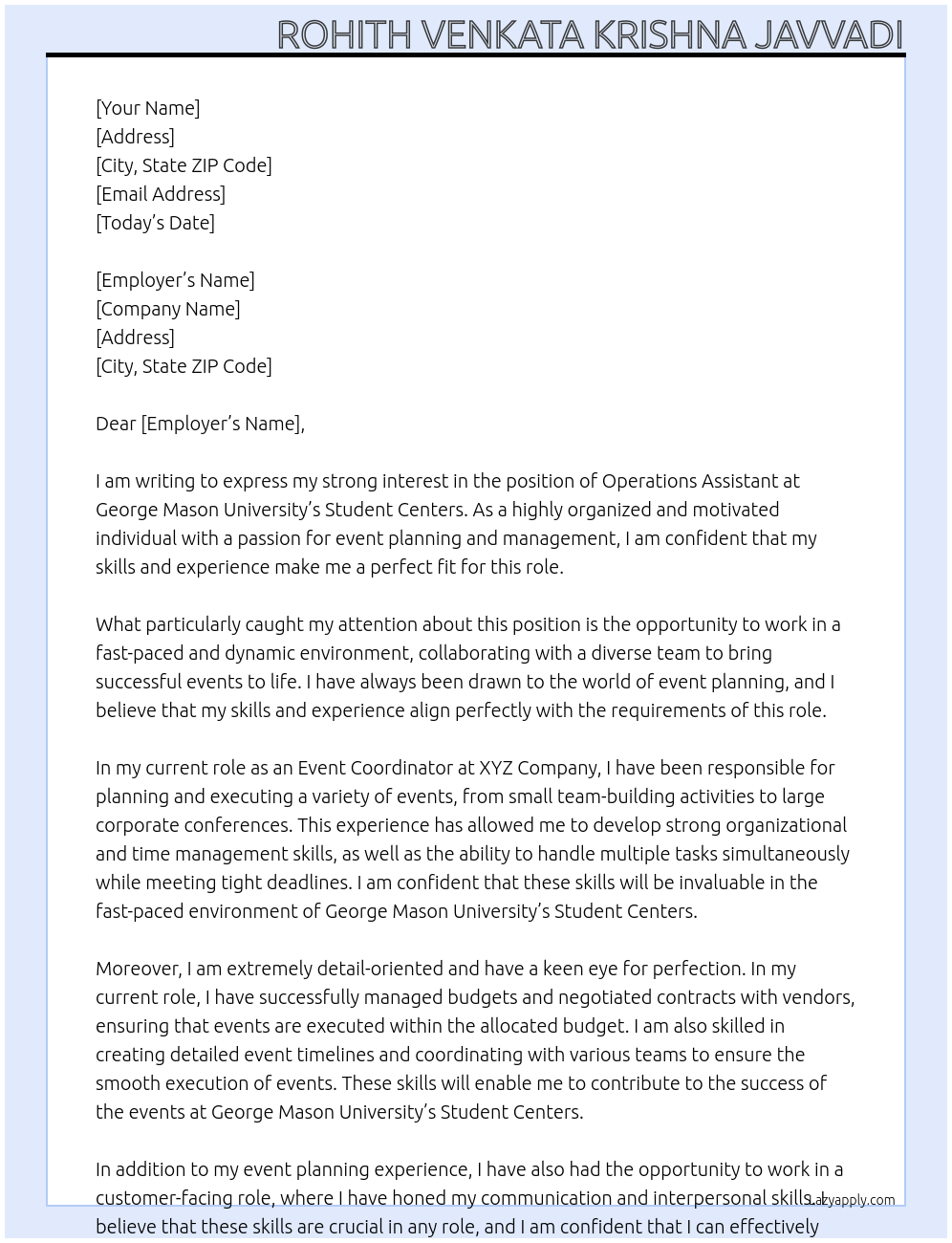 Cover letter for operation assistant - LazyApply